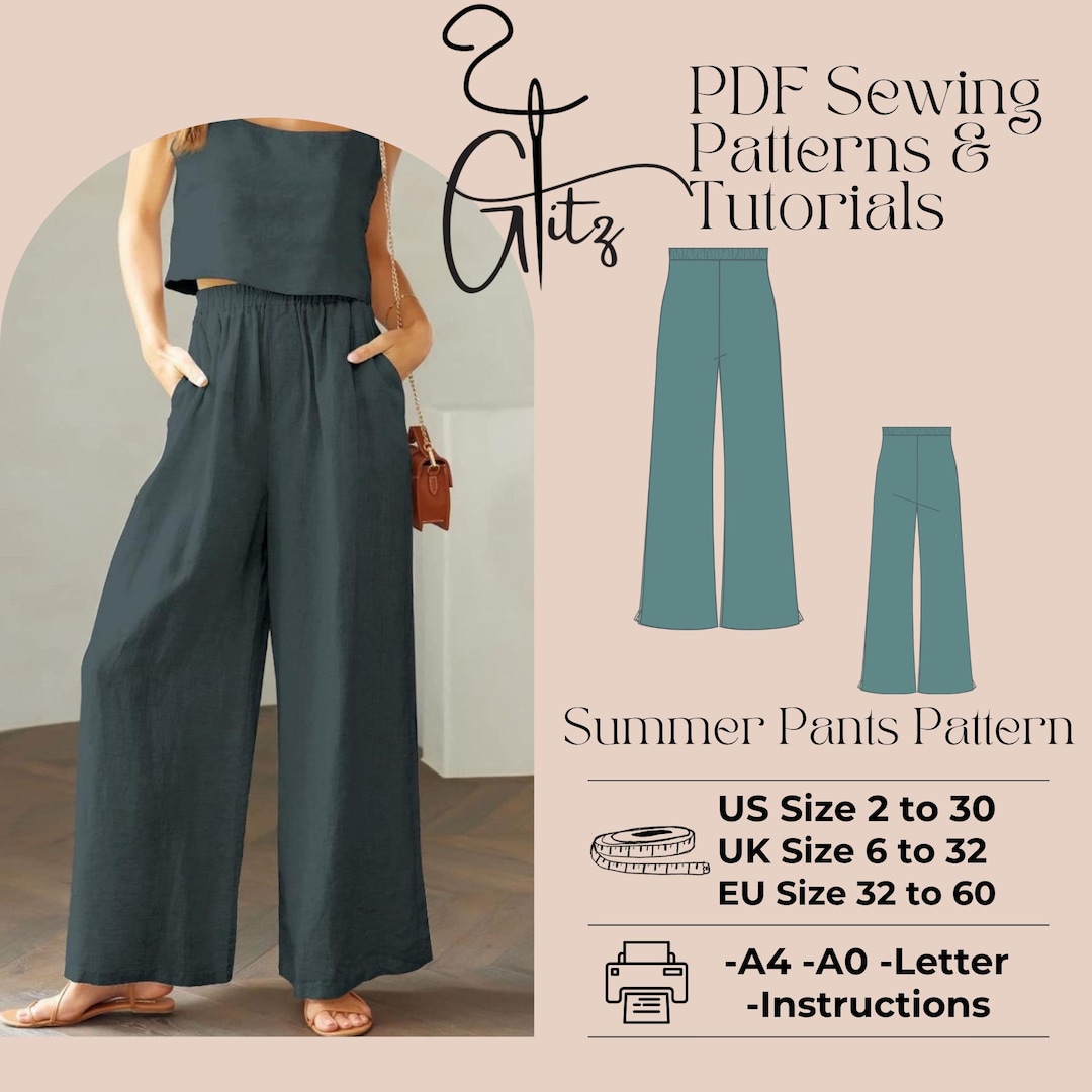 Long Wide Leg Summer Linen Pants Sewing Pattern Elastic Waist Trousers ...