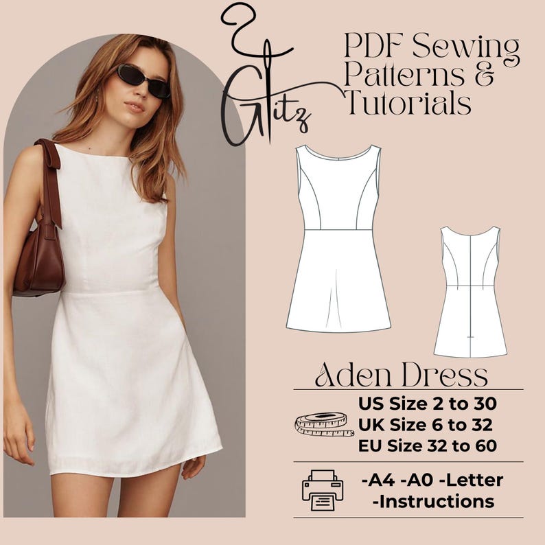 Aden Mini Dress Pattern, A-line Boat Neck Sewing Pattern, PDF Digital ...