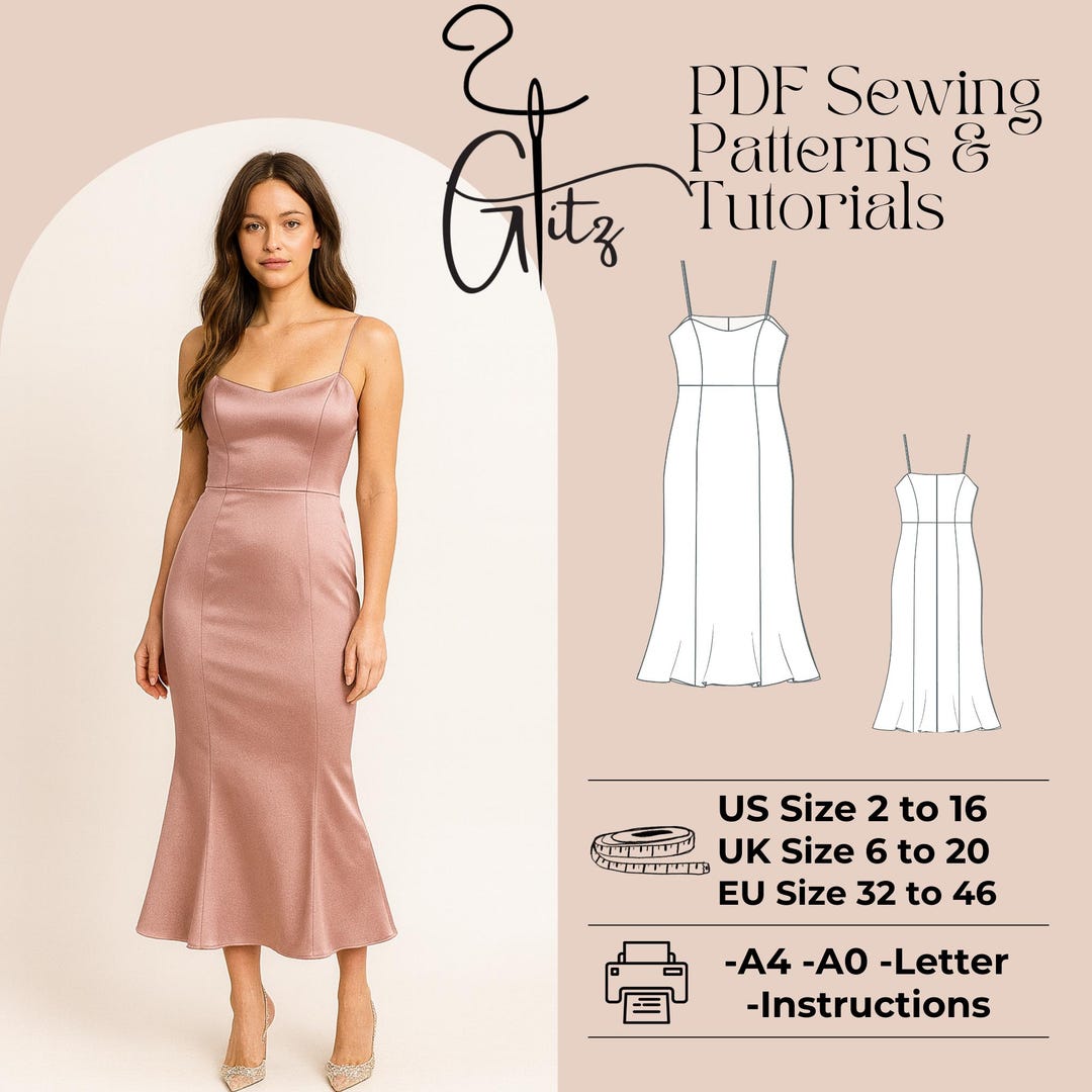 Midi Evening Dress Sewing Pattern Midi Mermaid Satin Cocktail Dress ...