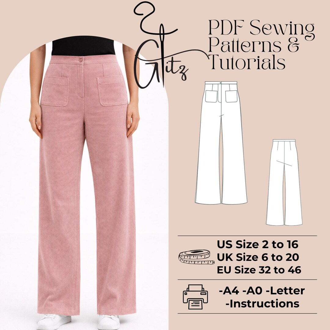 Wide Leg Pants Sewing Pattern PDF | High Waist Workwear Pants | Patch ...