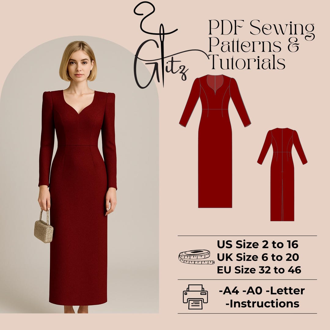 Structured Evening Dress Sewing Pattern | Digital PDF | Long Sleeve ...