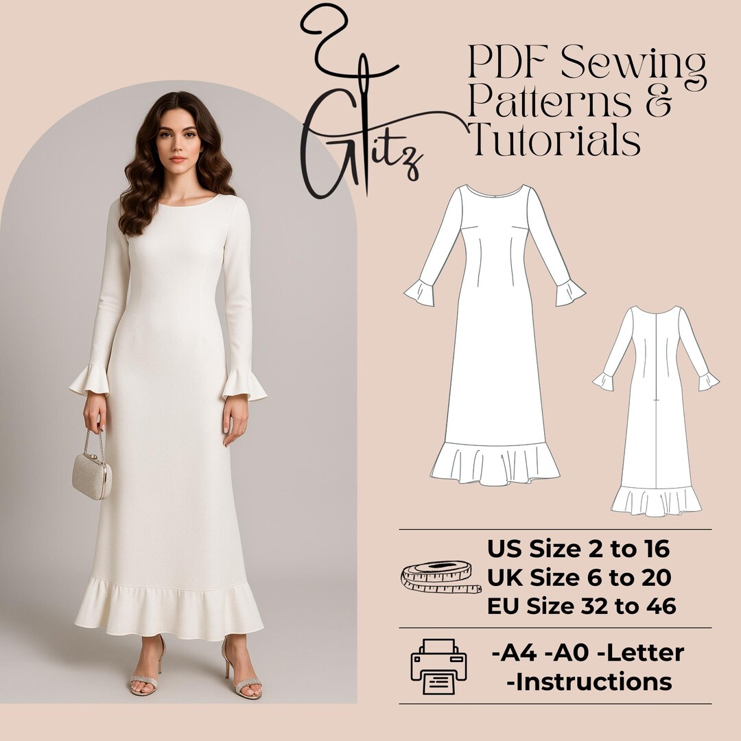 Flared Cuff Gown Sewing Pattern – Princess Seam Evening Dress (PDF ...