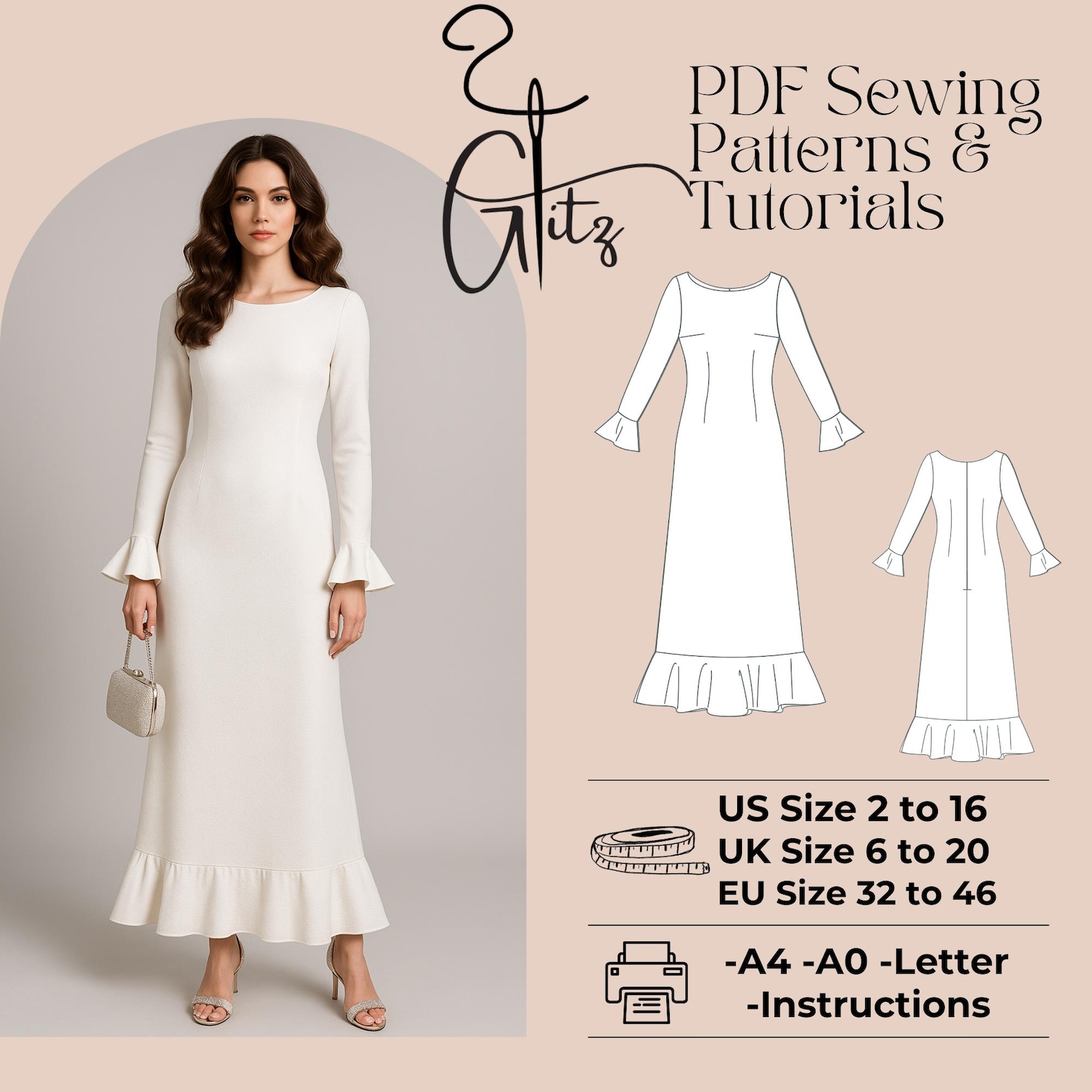 Long Sleeve Gown Sewing Pattern – Flared Cuff & Hem, Princess Seams ...