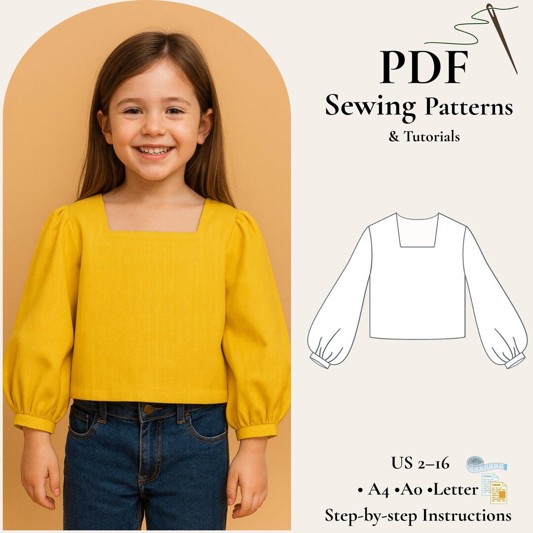 Girls Puff Sleeve Blouse Sewing Pattern, Square Neck Top (PDF Pattern ...