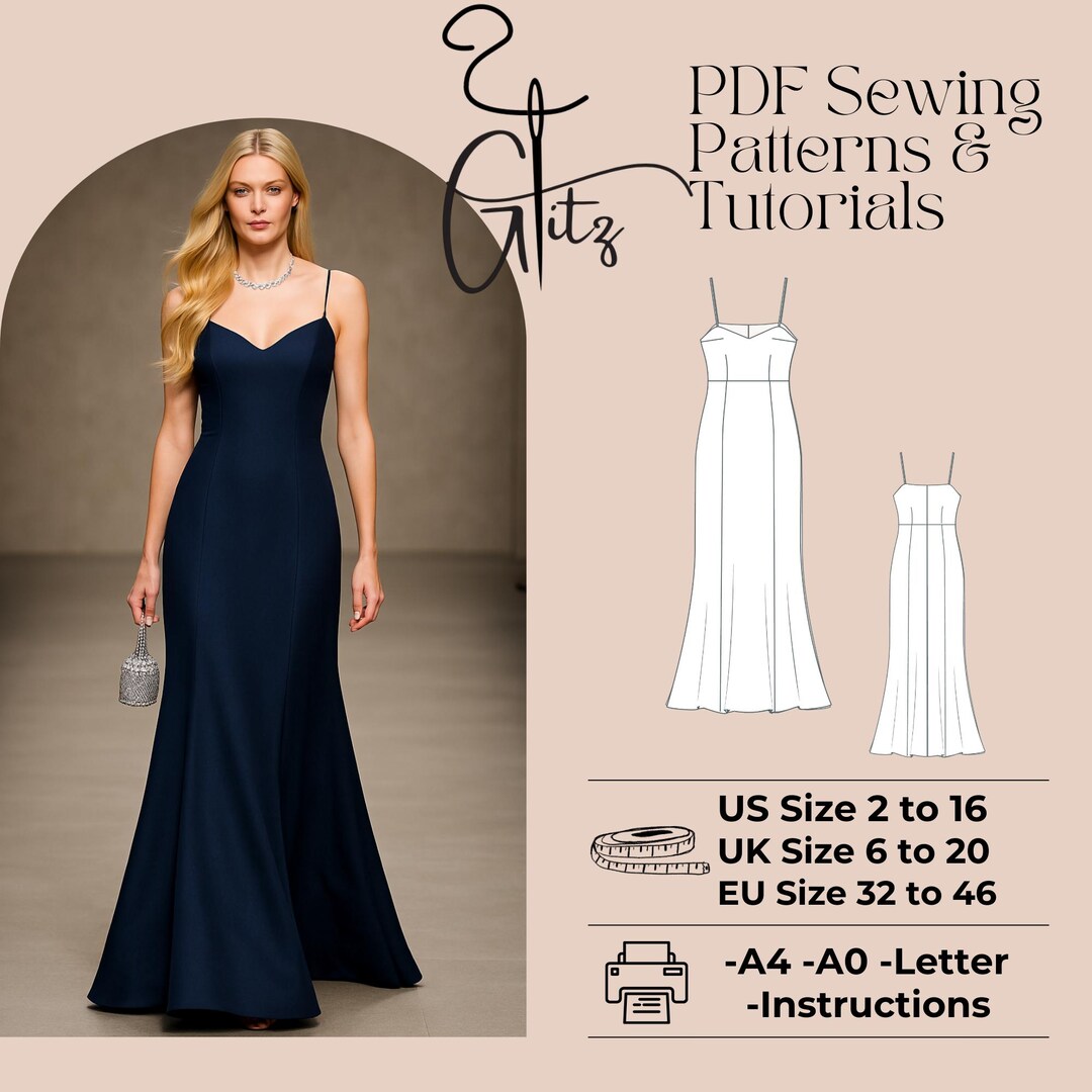 Spaghetti Strap Evening Gown Sewing Pattern PDF, Elegant Maxi Dress ...