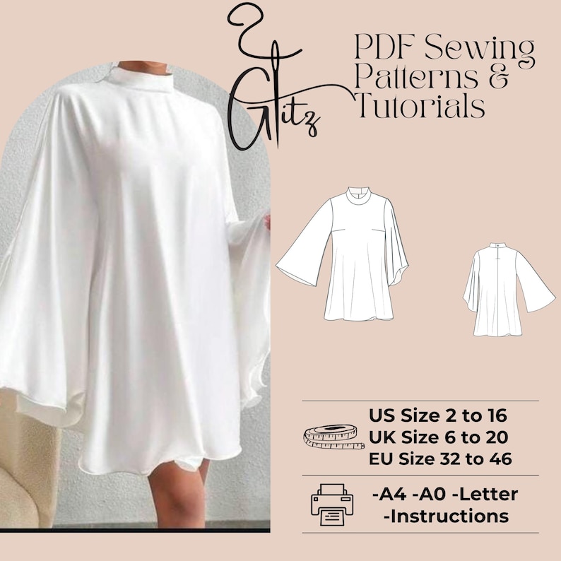 Batwing Sleeve Mini Dress Sewing Pattern (PDF Pattern) - Etsy