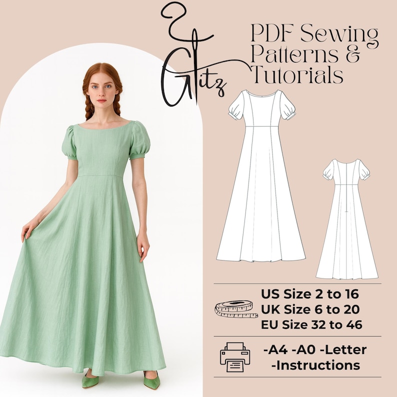 Regency Cottagecore Dress Sewing Pattern, Puff Sleeve (PDF Pattern) - Etsy