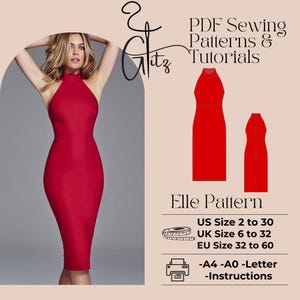 Elle Halter Neck Midi Pencil Dress Pattern Evening Cocktail Dress ...