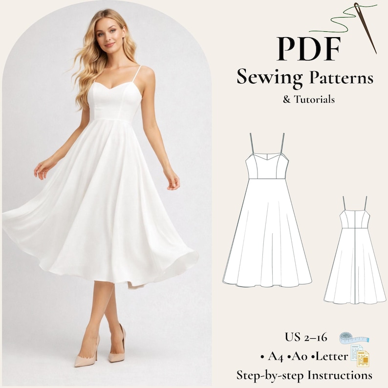Spaghetti Strap Midi Dress Sewing Pattern PDF, Princess Seam Dress ...