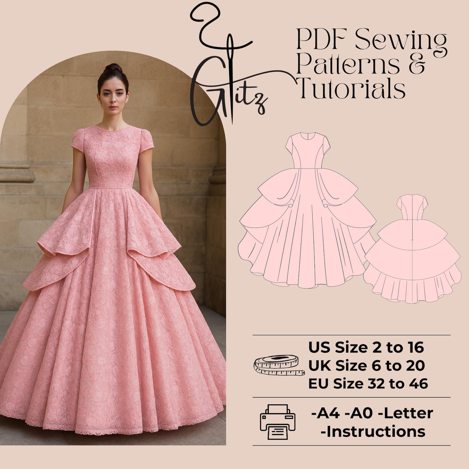 Princess Dress Sewing Pattern, Wedding Dress PDF Sewing Pattern Mid ...