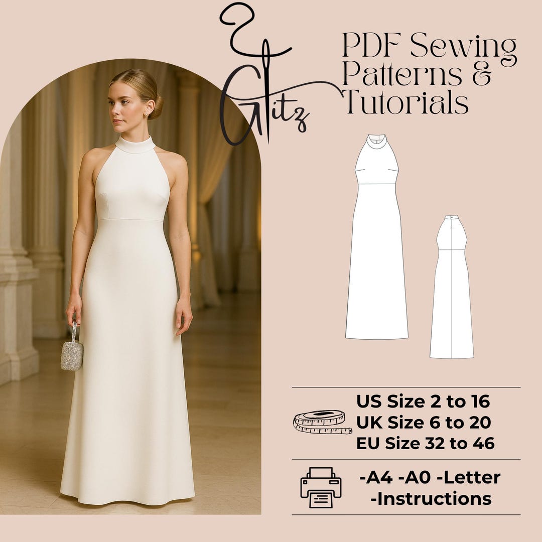 Halter Neck Evening Dress Sewing Pattern, Ball Gown (PDF Pattern) - Etsy