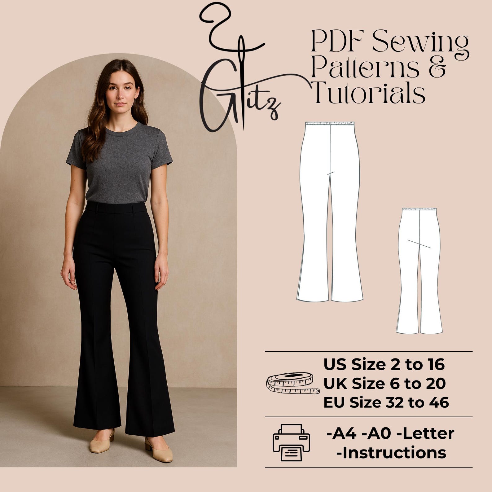 Flared Pants Sewing Pattern Basic Summer Pants Pattern Women Trousers ...