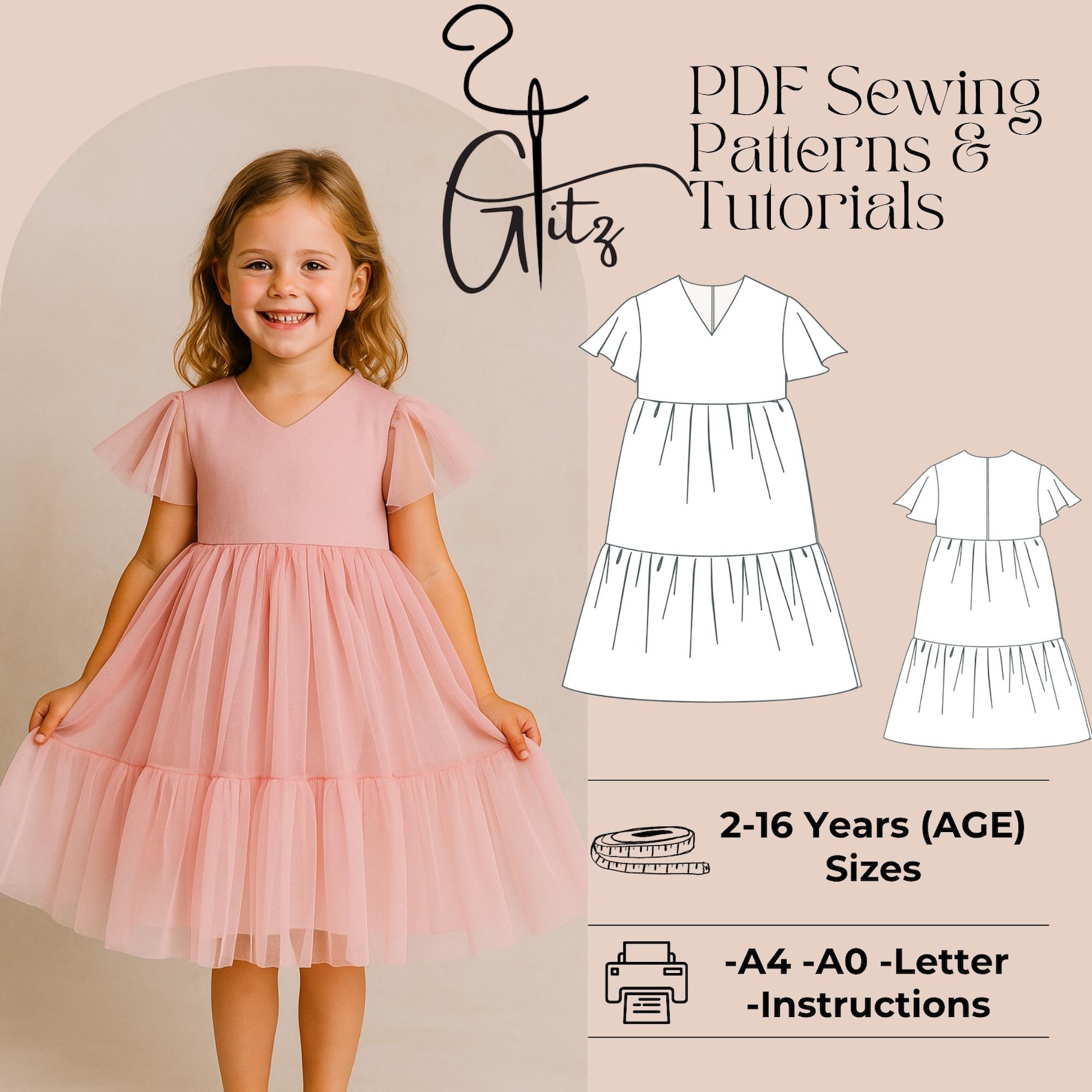 Girl's Tiered Dress Sewing, Flower Girl Dress (PDF Pattern, US 2-30/XS ...