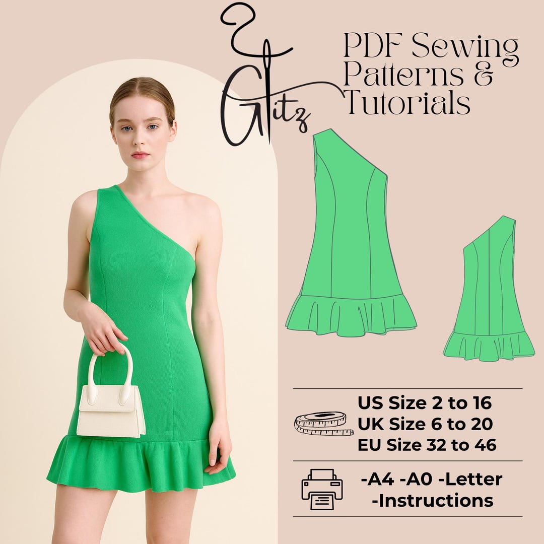 One Shoulder Dress Sewing Pattern Mini Summer Dress Pattern Flounce ...