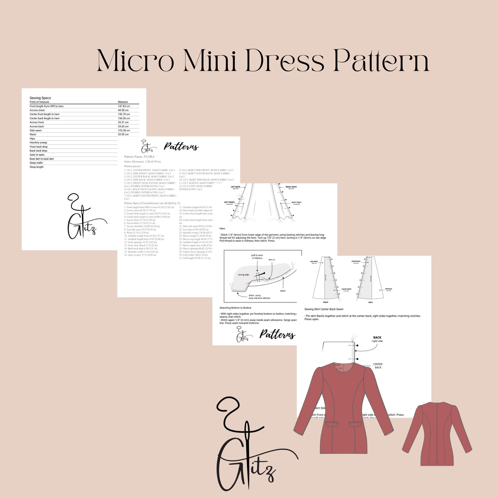Long Sleeve Padded Micro Mini Pocket Dress Sewing Pattern PDF Digital ...