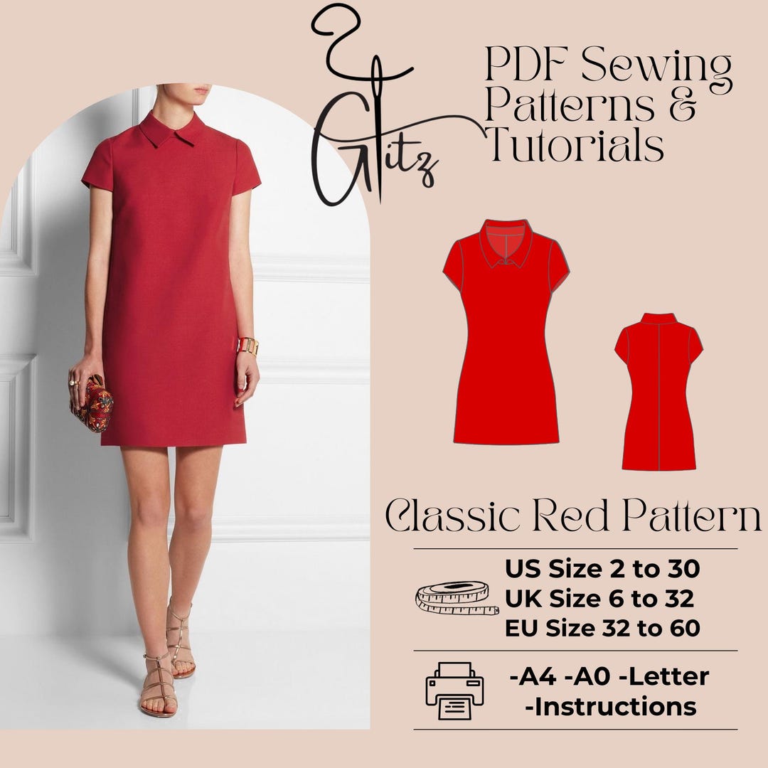 Classic Red Shirt Collar Basic Short Sleeve Dress Digital Pattern Basic ...