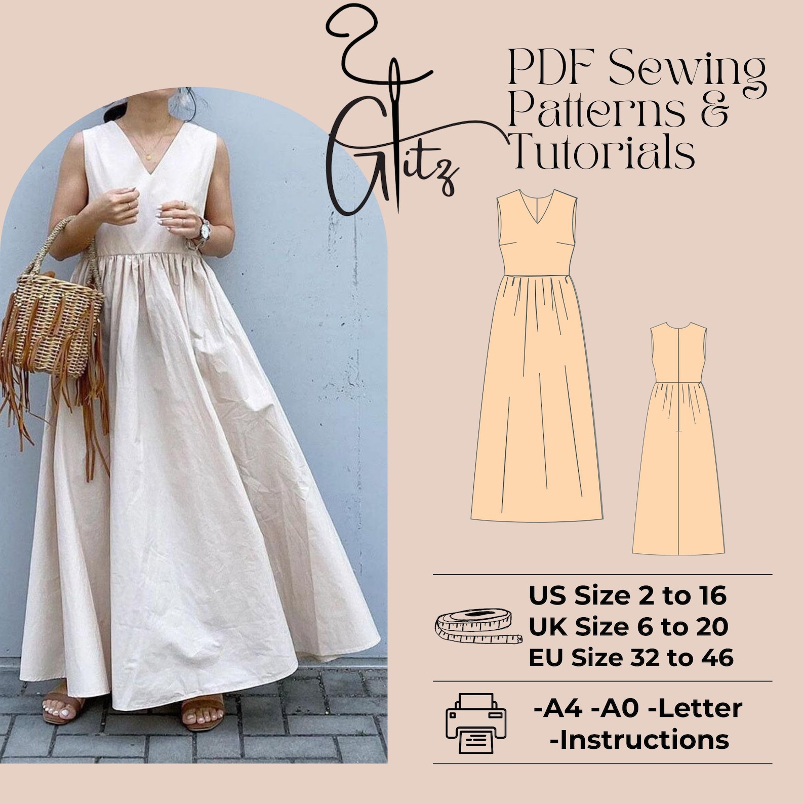 Long Linen Summer Dress Sewing Pattern V Neck Gathered Dress Pattern ...