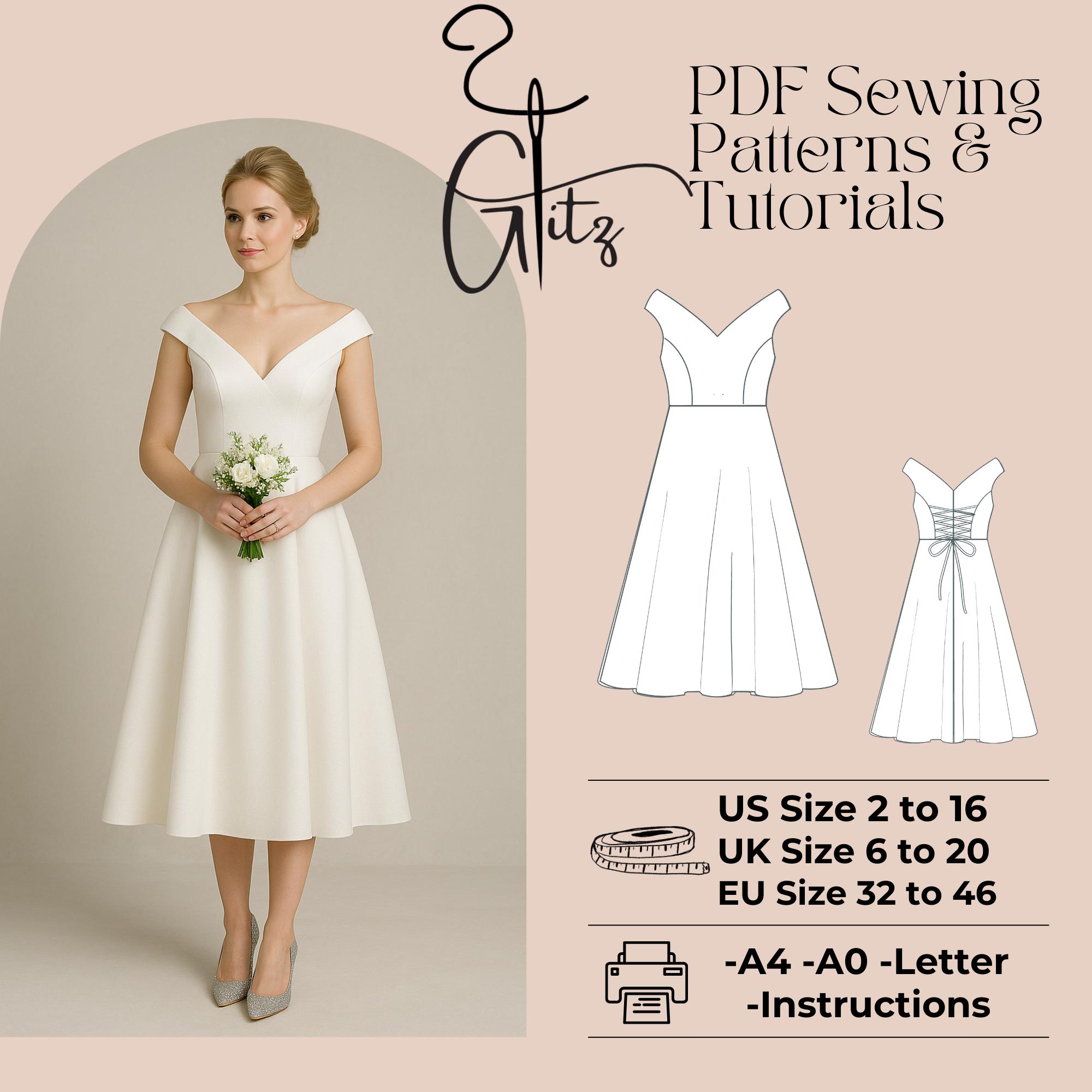 Off Shoulder Midi Bridal Dress Sewing Pattern Wedding Dress Bridal Gown ...