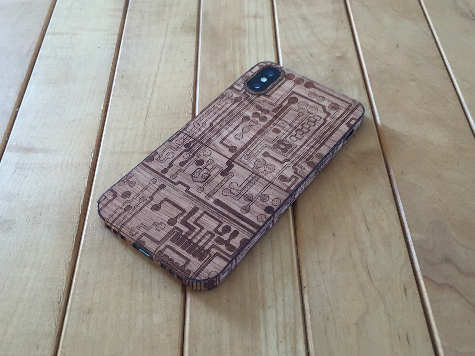 Laser-etched Circuit Design Iphone XS Wrap in Mahogany Sleek - Etsy