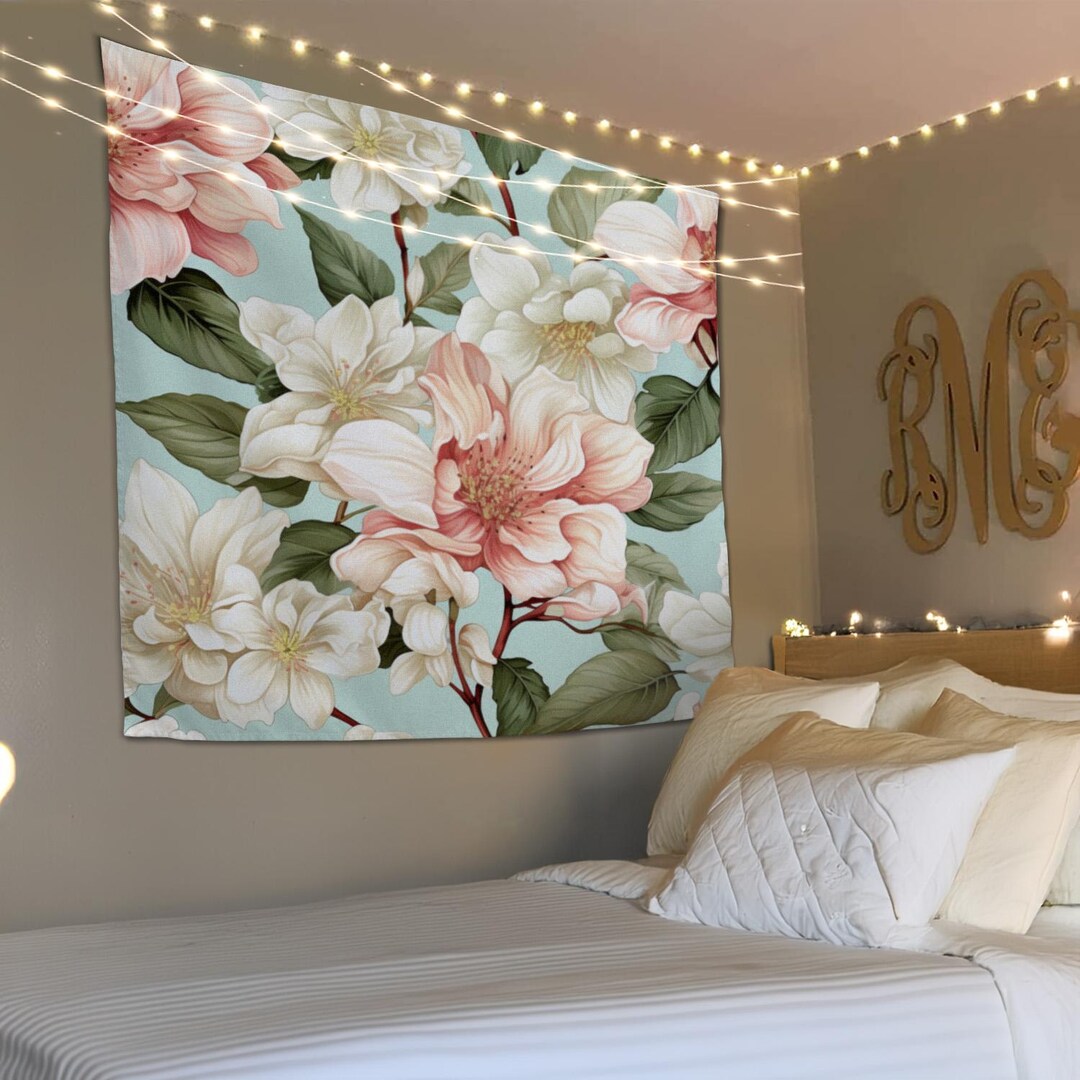 White and Pink Flower Pattern Wall Tapestry, Botanic Tapestry, Tapestry ...