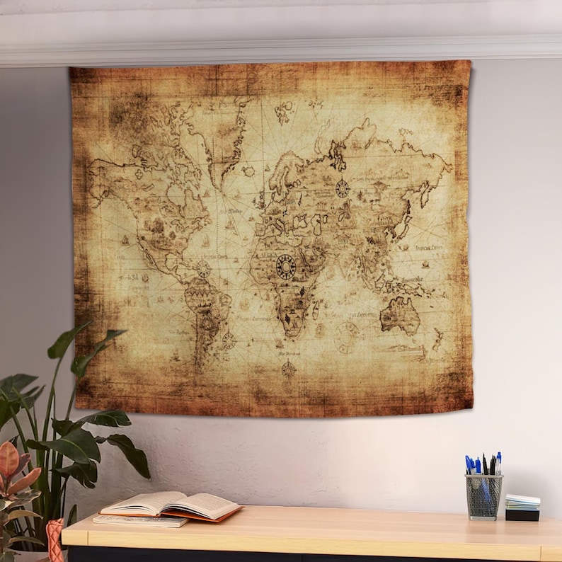 Vintage World Map Tapestry, Old World Map Wall Hanging, World Map Gift ...