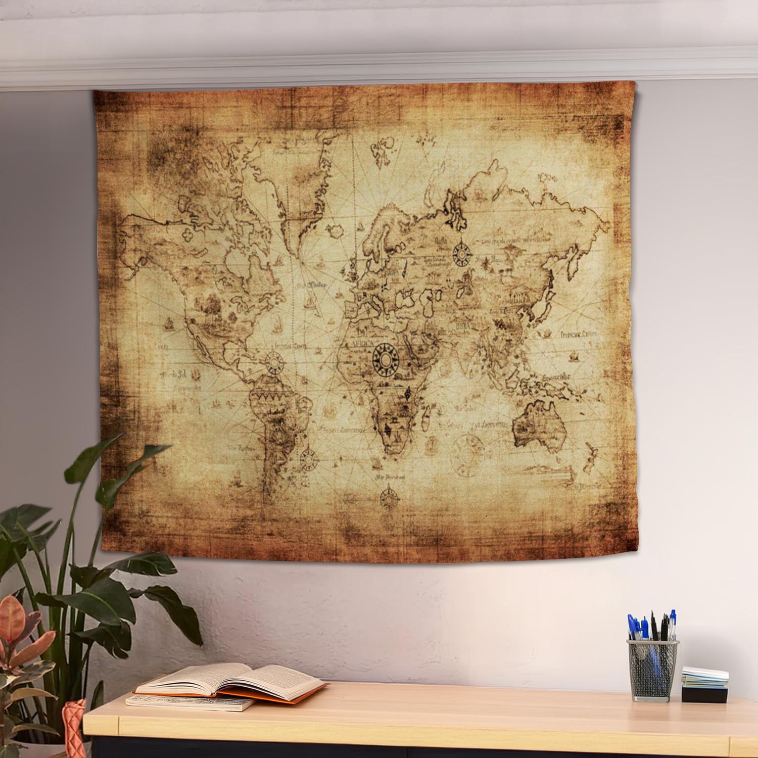 Vintage World Map Tapestry, Old World Map Wall Hanging, World Map Gift ...