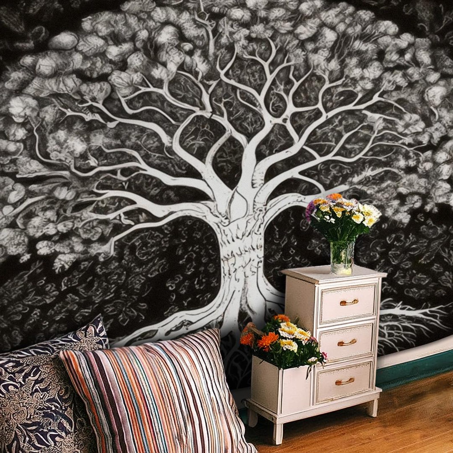 Black and White Celtic Tree of Life Tapestry, Magical Tree Decor for ...