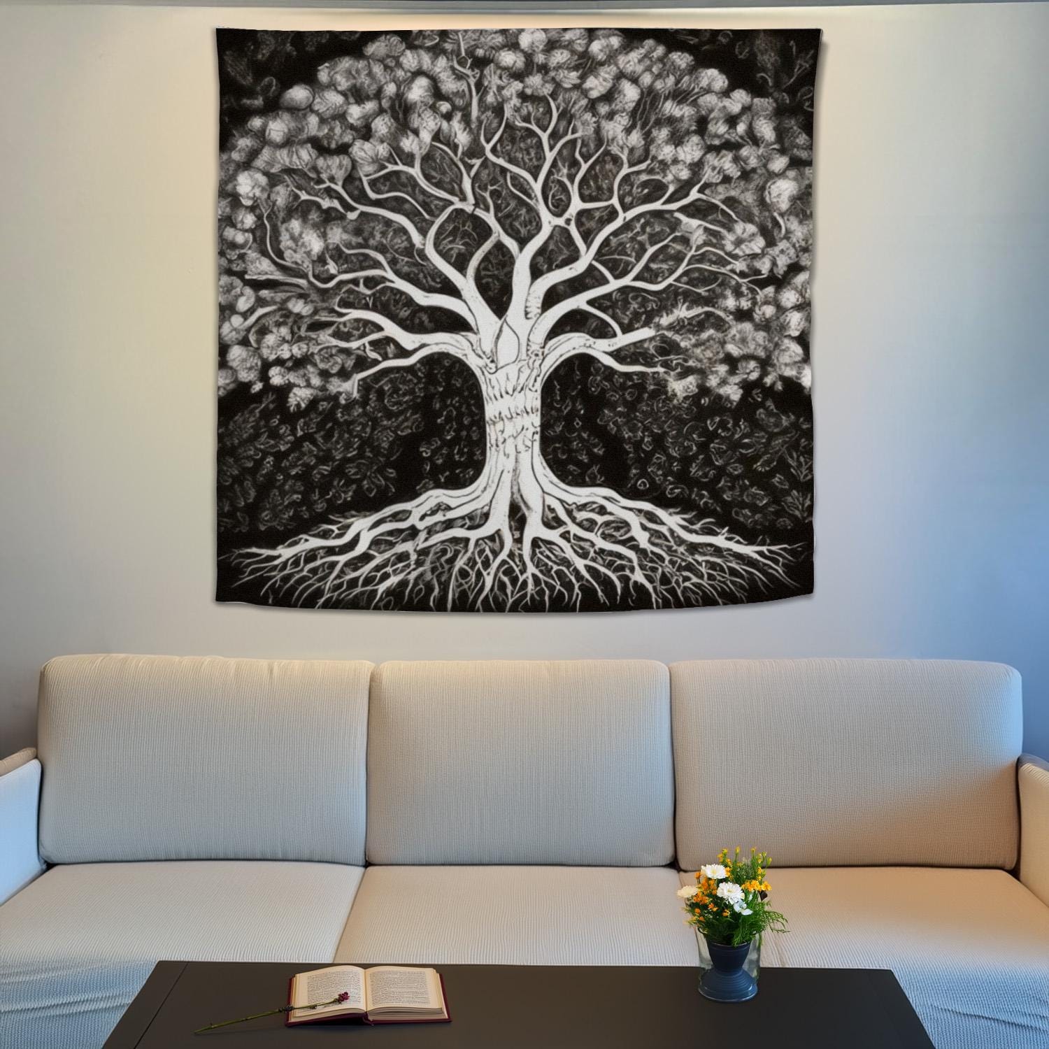 Black and White Celtic Tree of Life Tapestry, Magical Tree Decor for ...