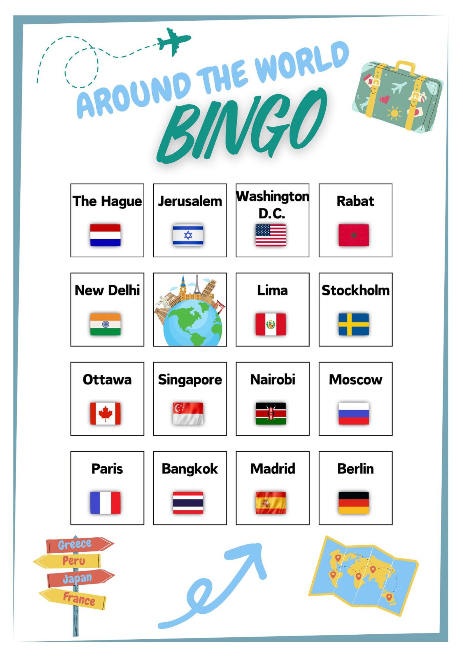 Around the World Bingo Cards, World Capitals Bingo - Etsy