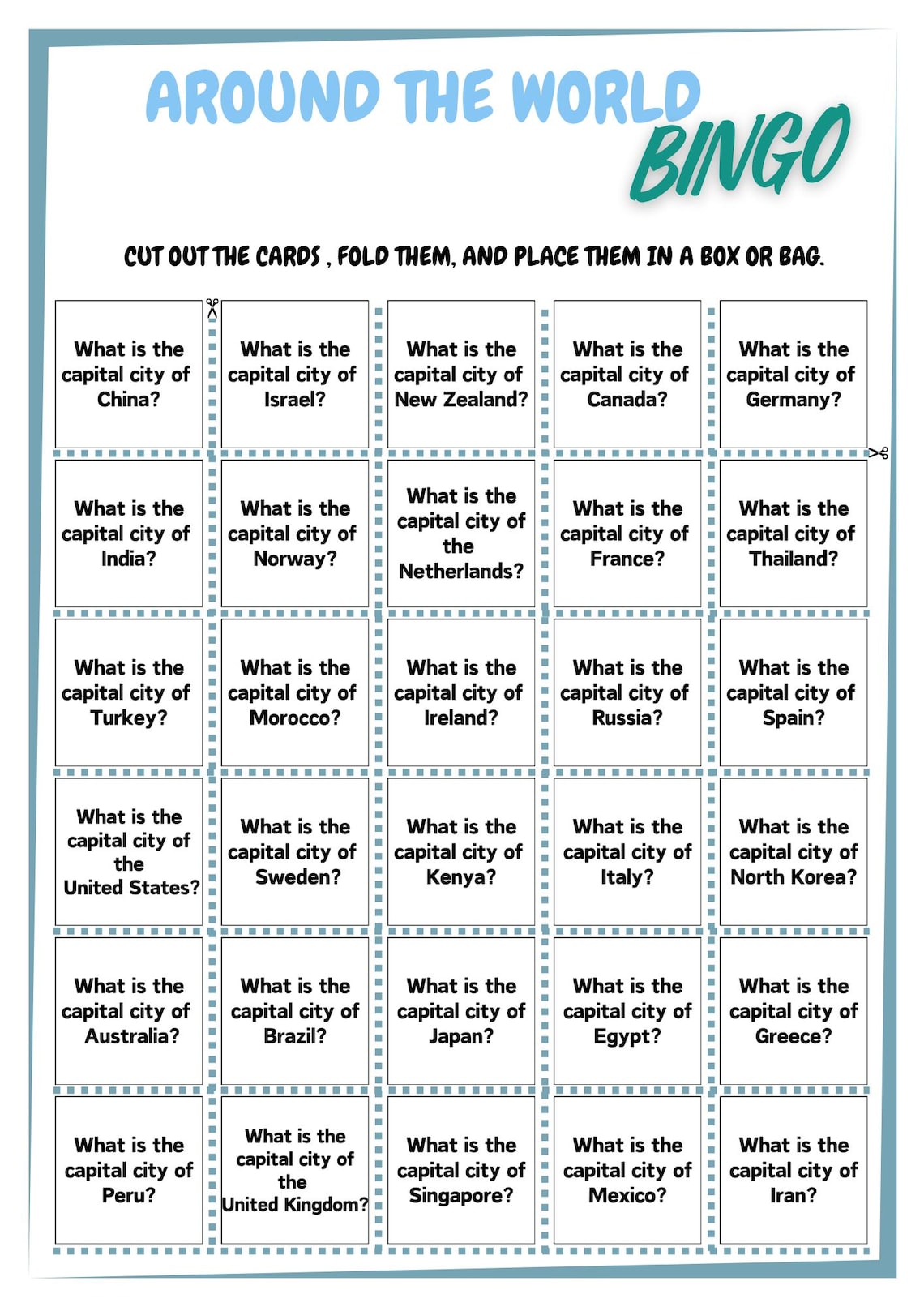 Around the World Bingo Cards, World Capitals Bingo - Etsy