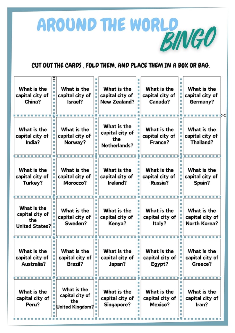 Around the World Bingo Cards, World Capitals Bingo - Etsy
