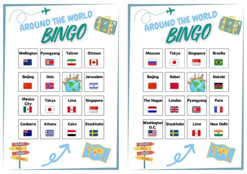 Around the World Bingo Cards, World Capitals Bingo - Etsy
