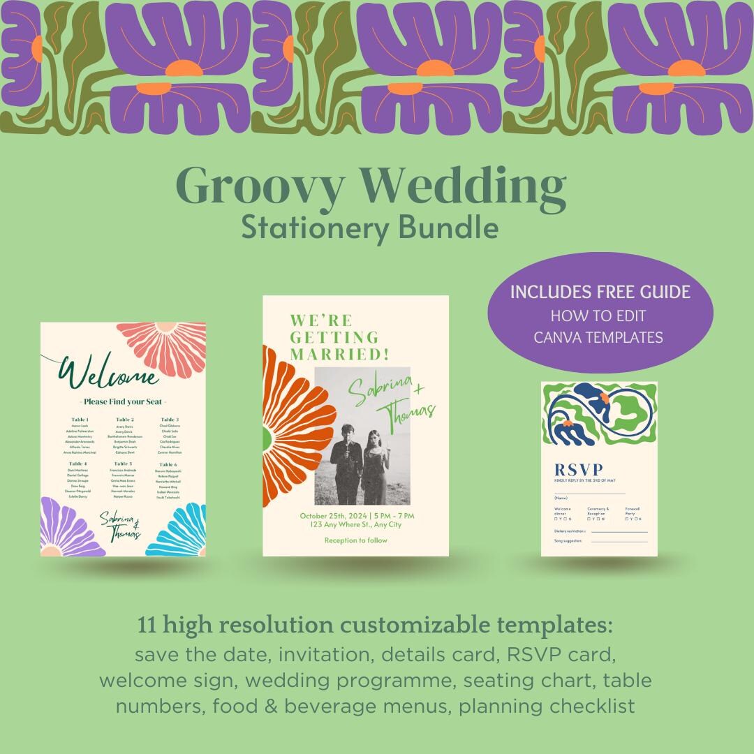 Groovy Floral Wedding Stationery + Signage Bundle, Wedding Reception ...