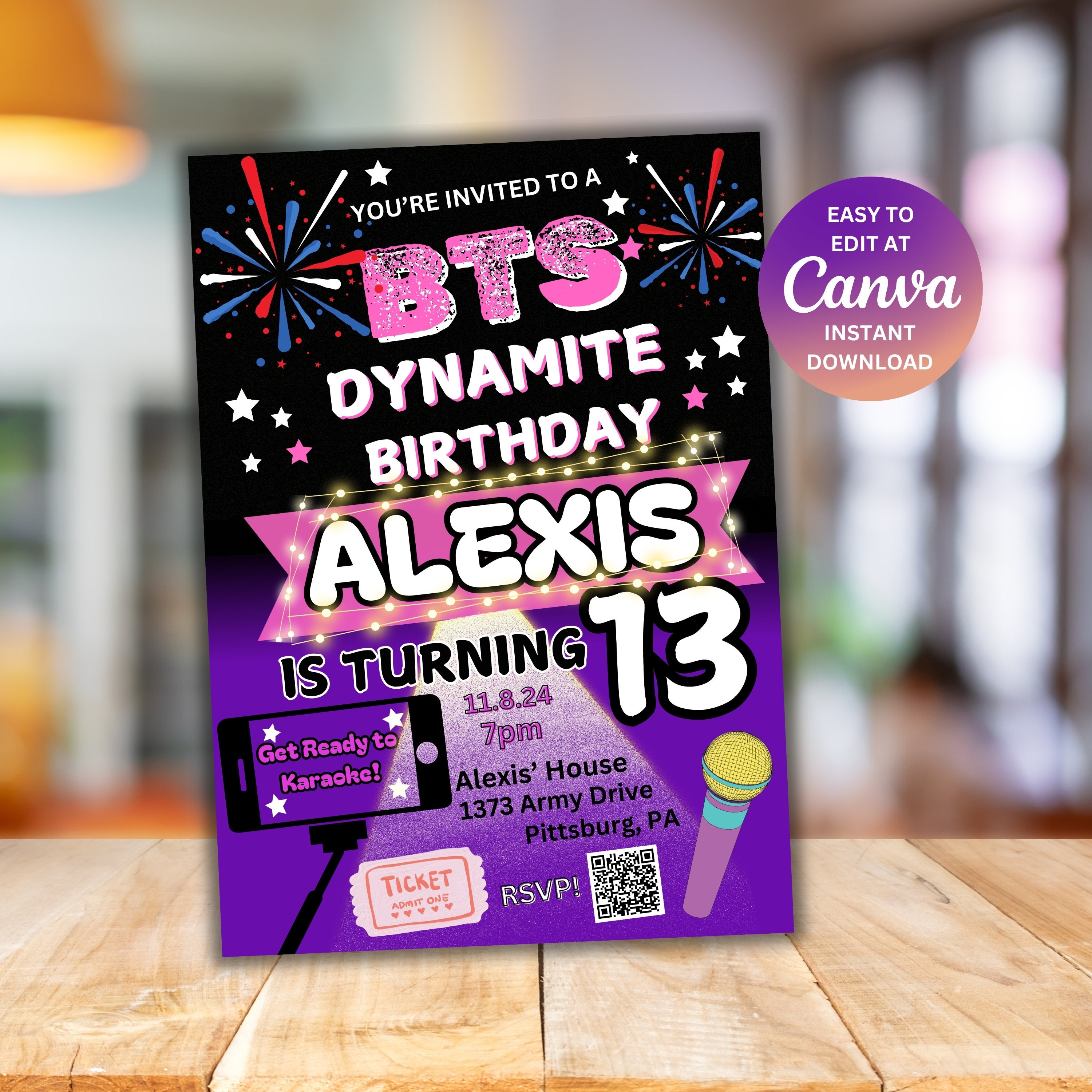BTS Dynamite Birthday Party Invitation, Karaoke Party Invite, Teen ...