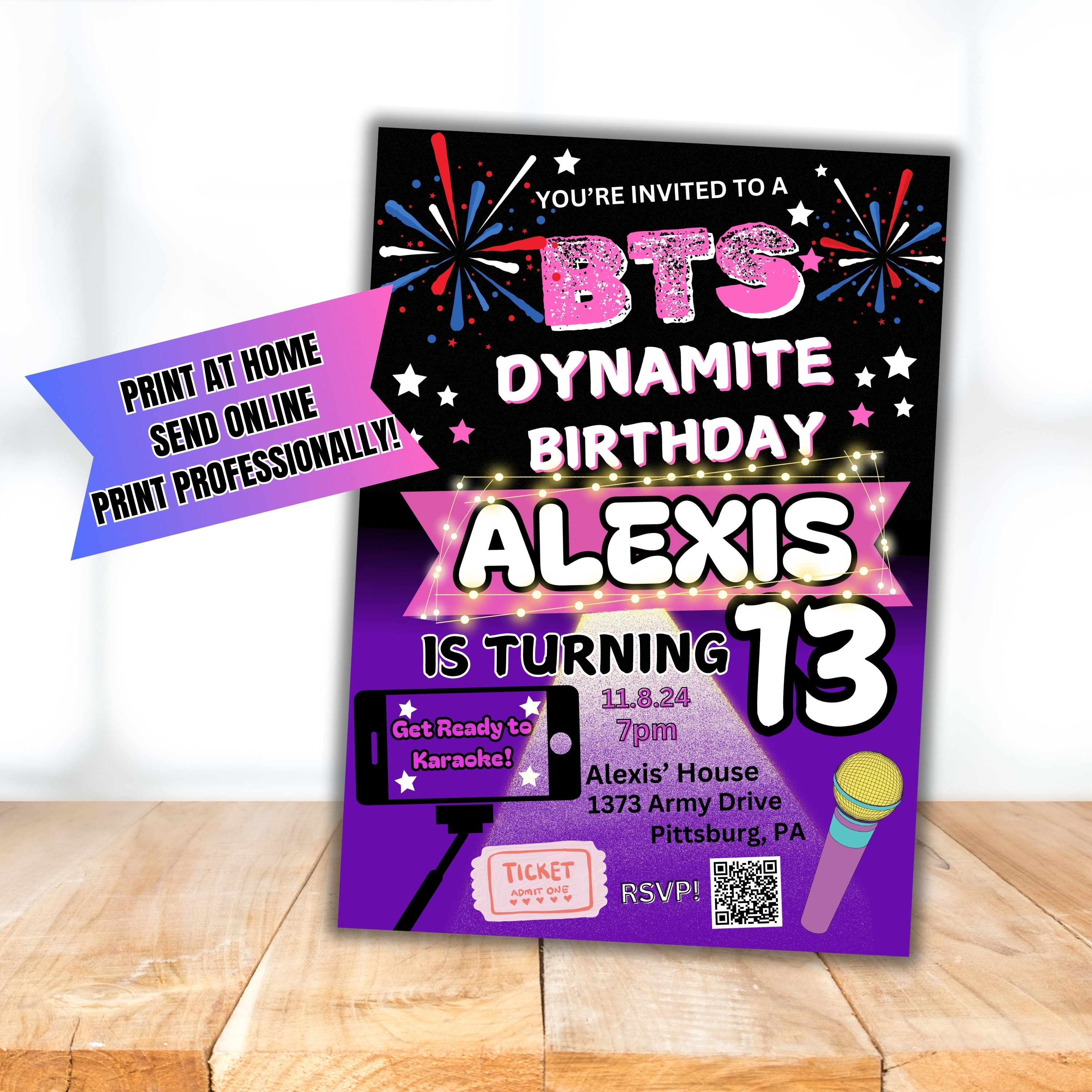 BTS Dynamite Birthday Party Invitation, Karaoke Party Invite, Teen ...