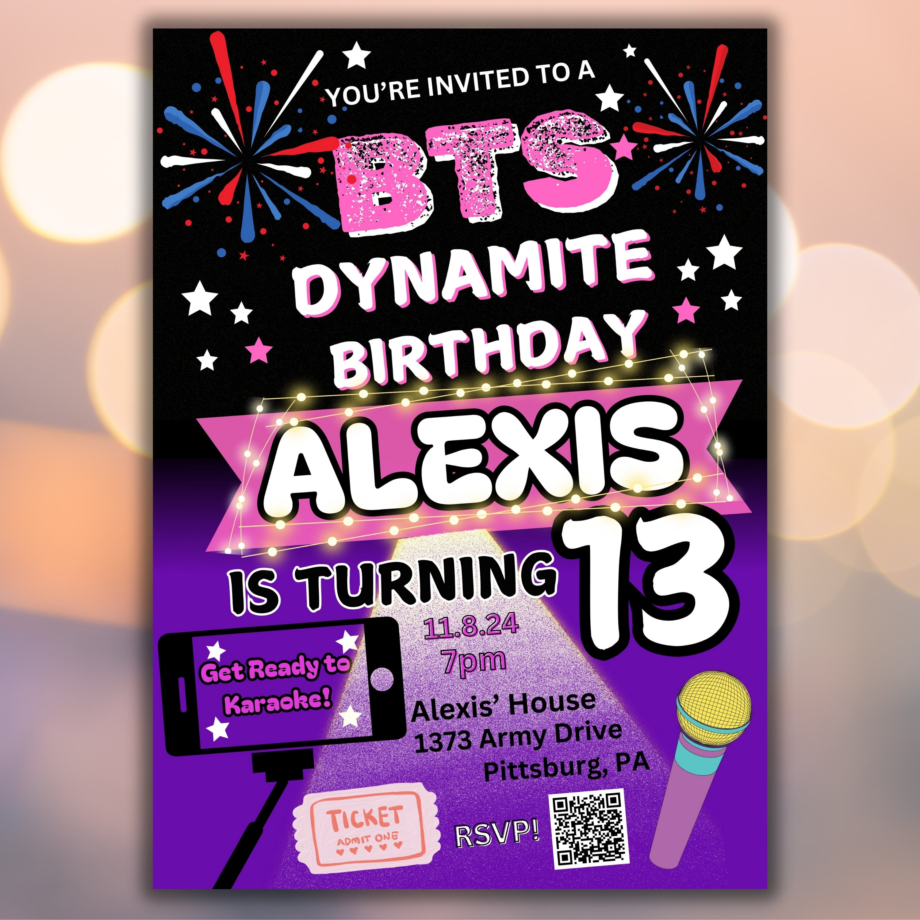 BTS Dynamite Birthday Party Invitation, Karaoke Party Invite, Teen ...