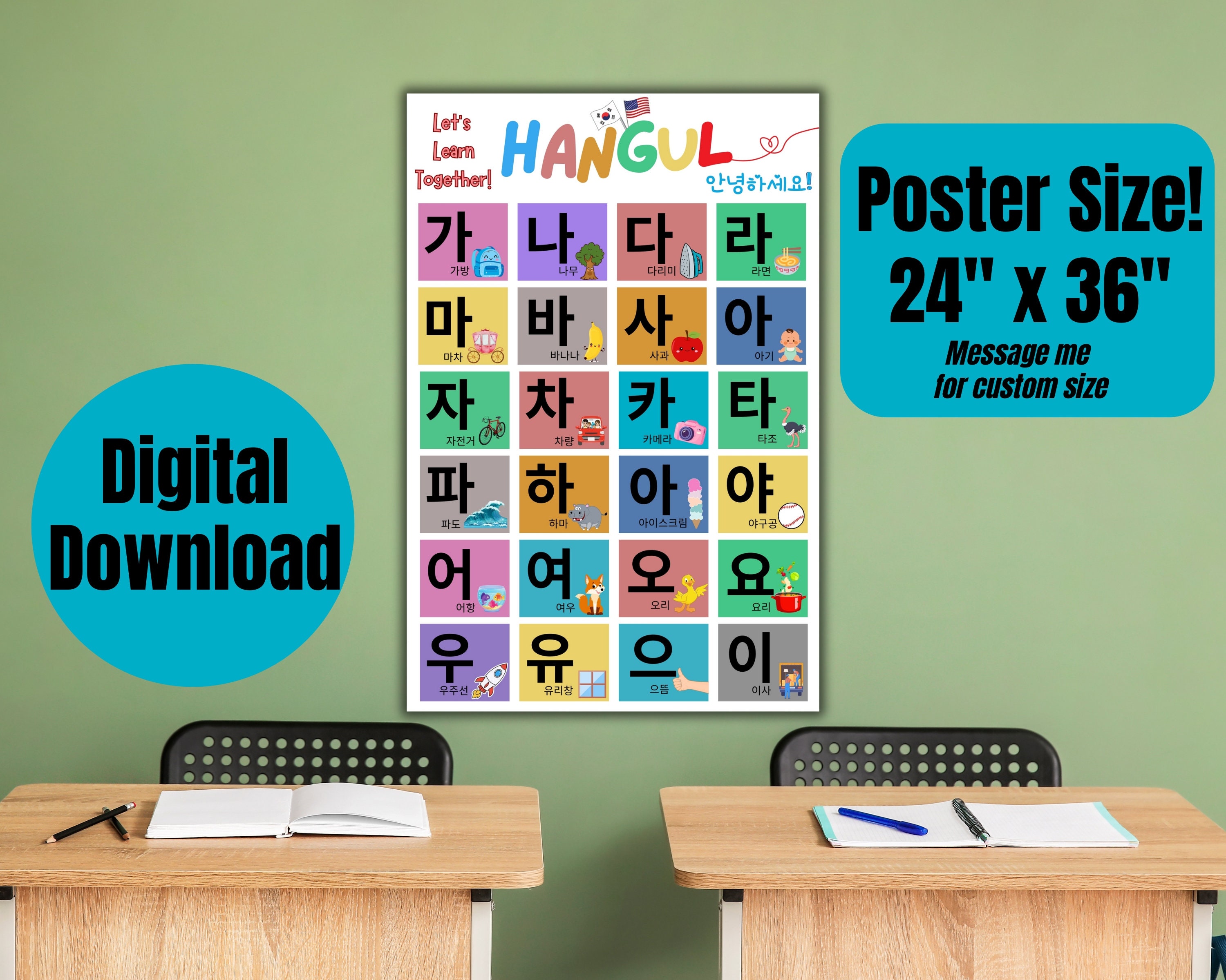 Hangul Alphabet Learning Poster for Kids, Korean Consonants & Vowels ...