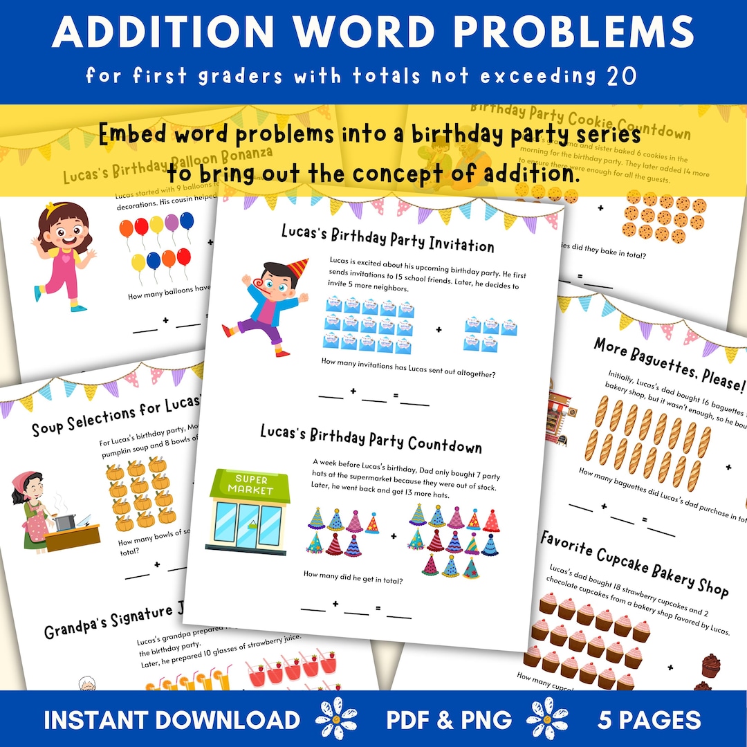 First Grade Math Addition Word Problems Worksheet With Picture Birthday ...
