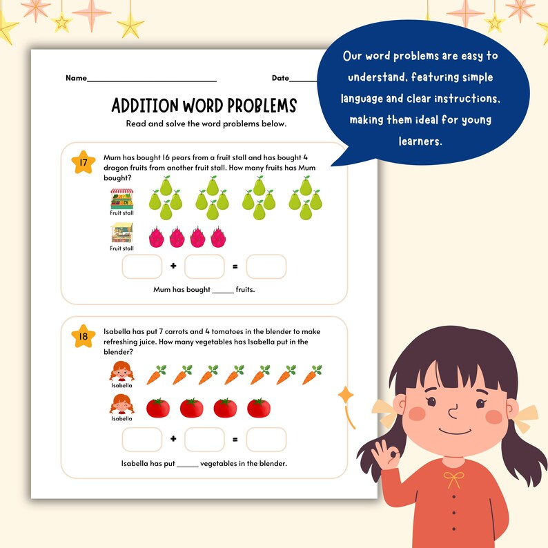 Math Word Problem Worksheet Addition Within 20 Subtraction With Picture ...