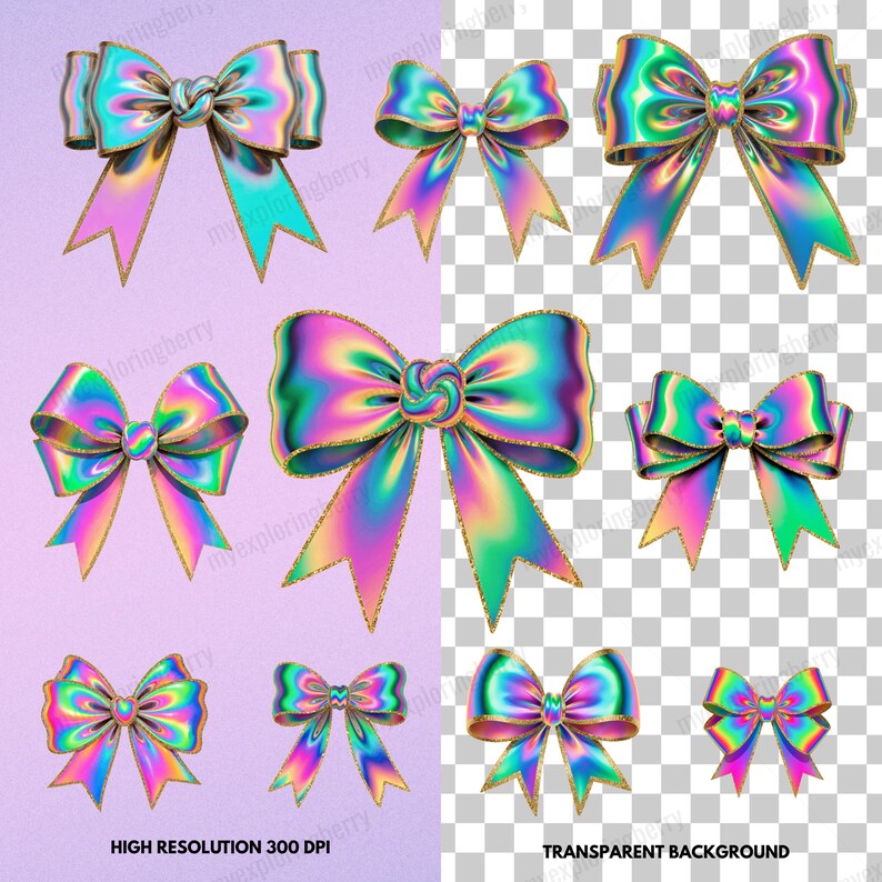 Holographic Bow PNG Hologram Ribbon Clipart Bundle Feminine Glitter T ...