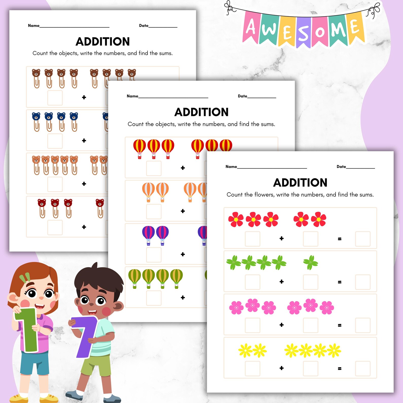 Addition Math Worksheets for Kindergarten Counting Activities Workbook ...