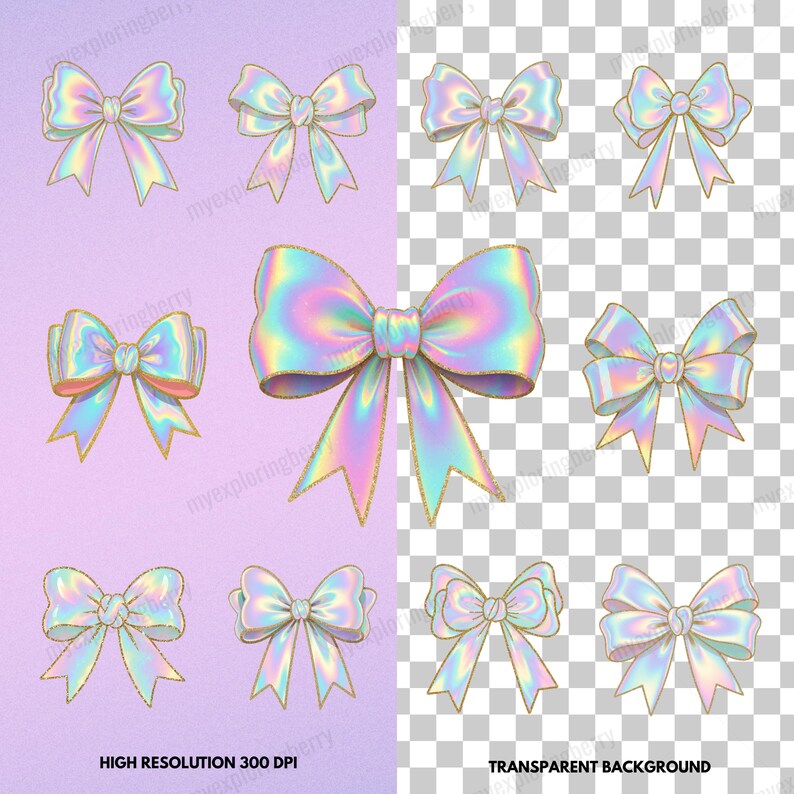 Holographic Bow PNG Hologram Ribbon Clipart Bundle Feminine Glitter T ...