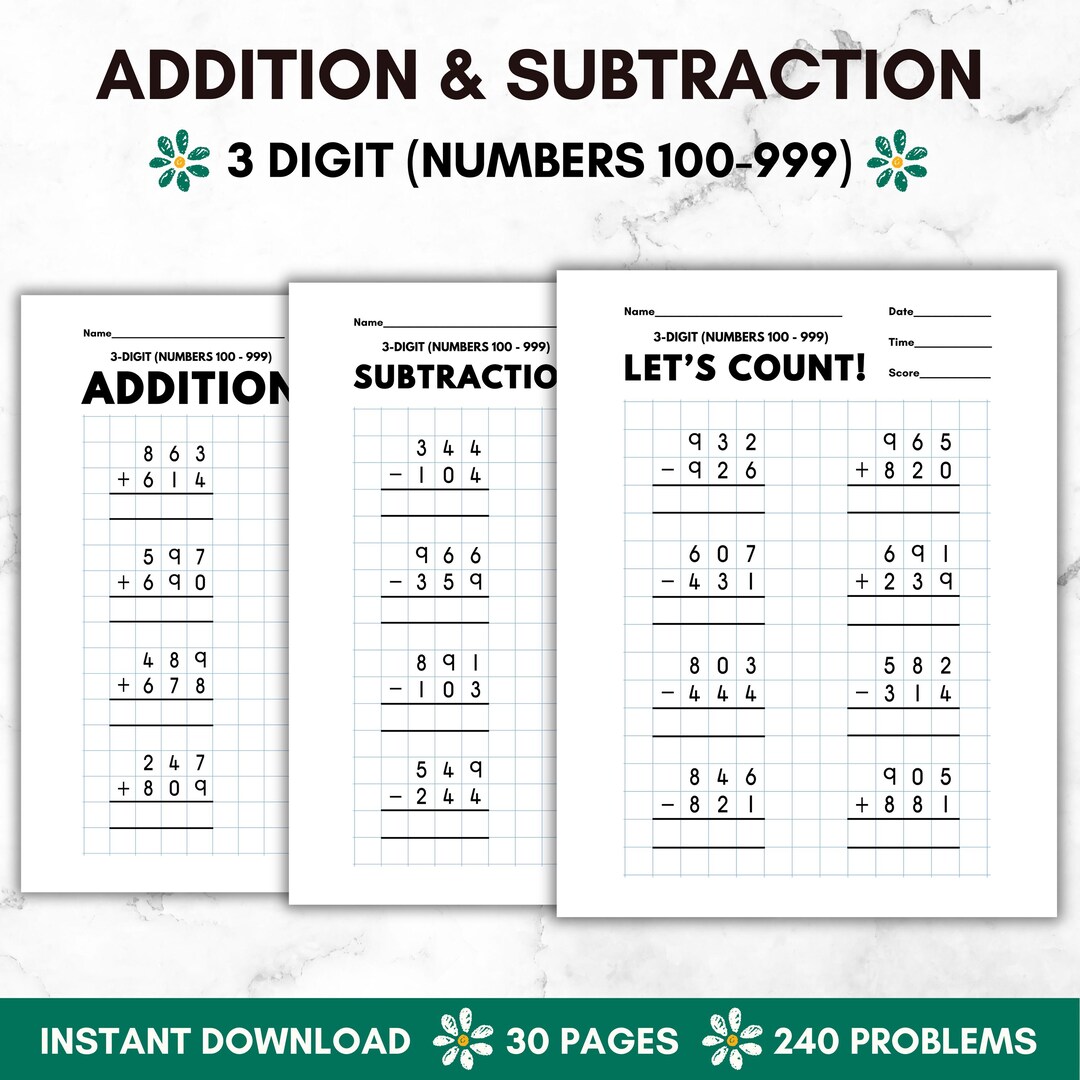 3rd Grade Math Workbook Addition Subtraction Worksheet Printable Grade ...