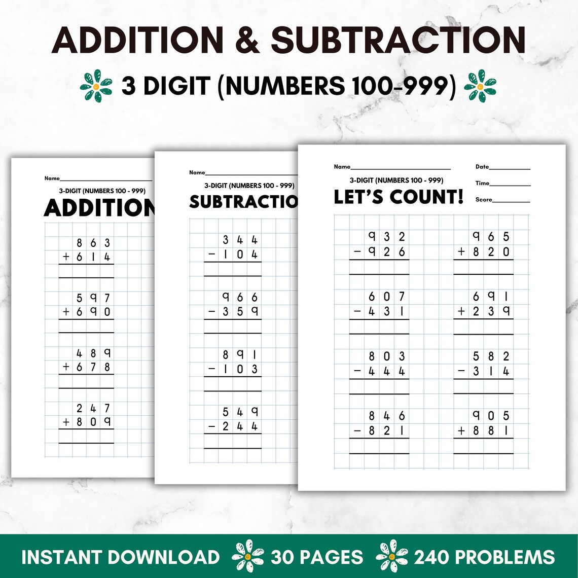3rd Grade Math Workbook Addition Subtraction Worksheet Printable Grade ...