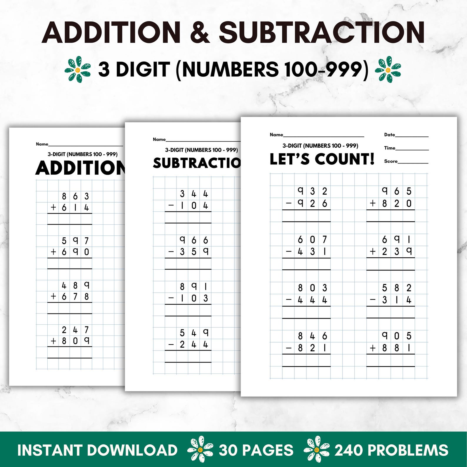 3rd Grade Math Workbook Addition Subtraction Worksheet Printable Grade ...
