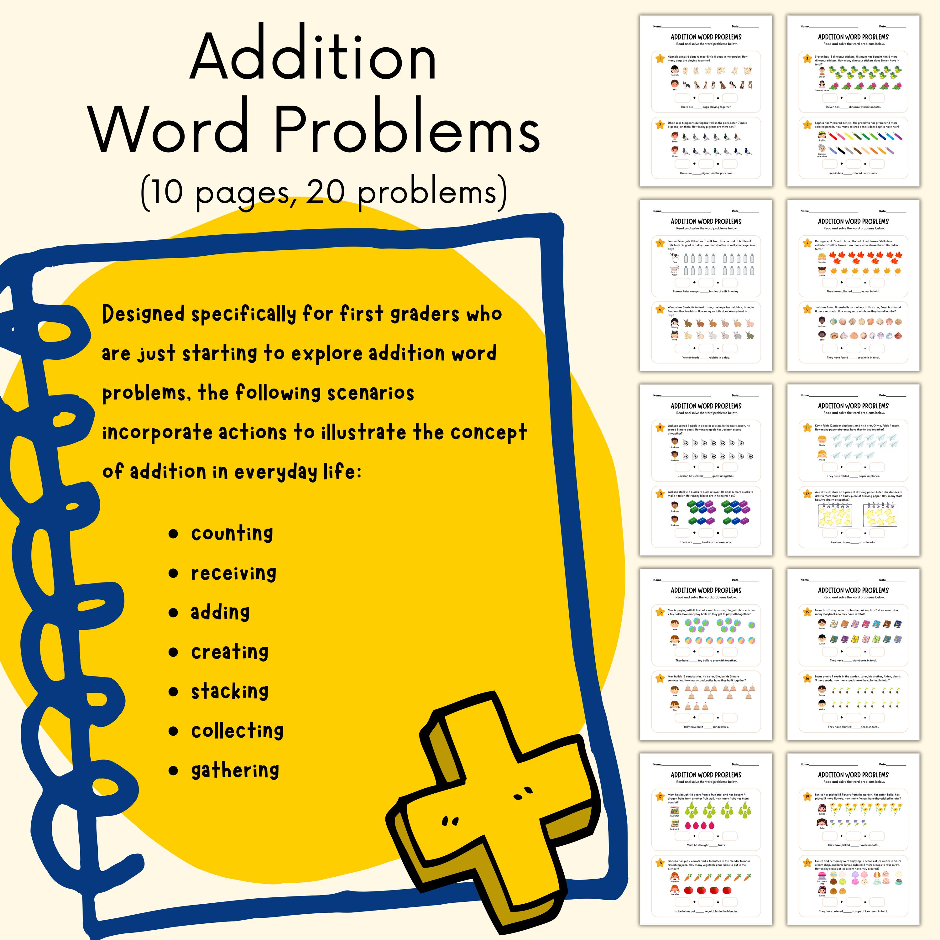 Math Word Problem Worksheet Addition Within 20 Subtraction With Picture ...
