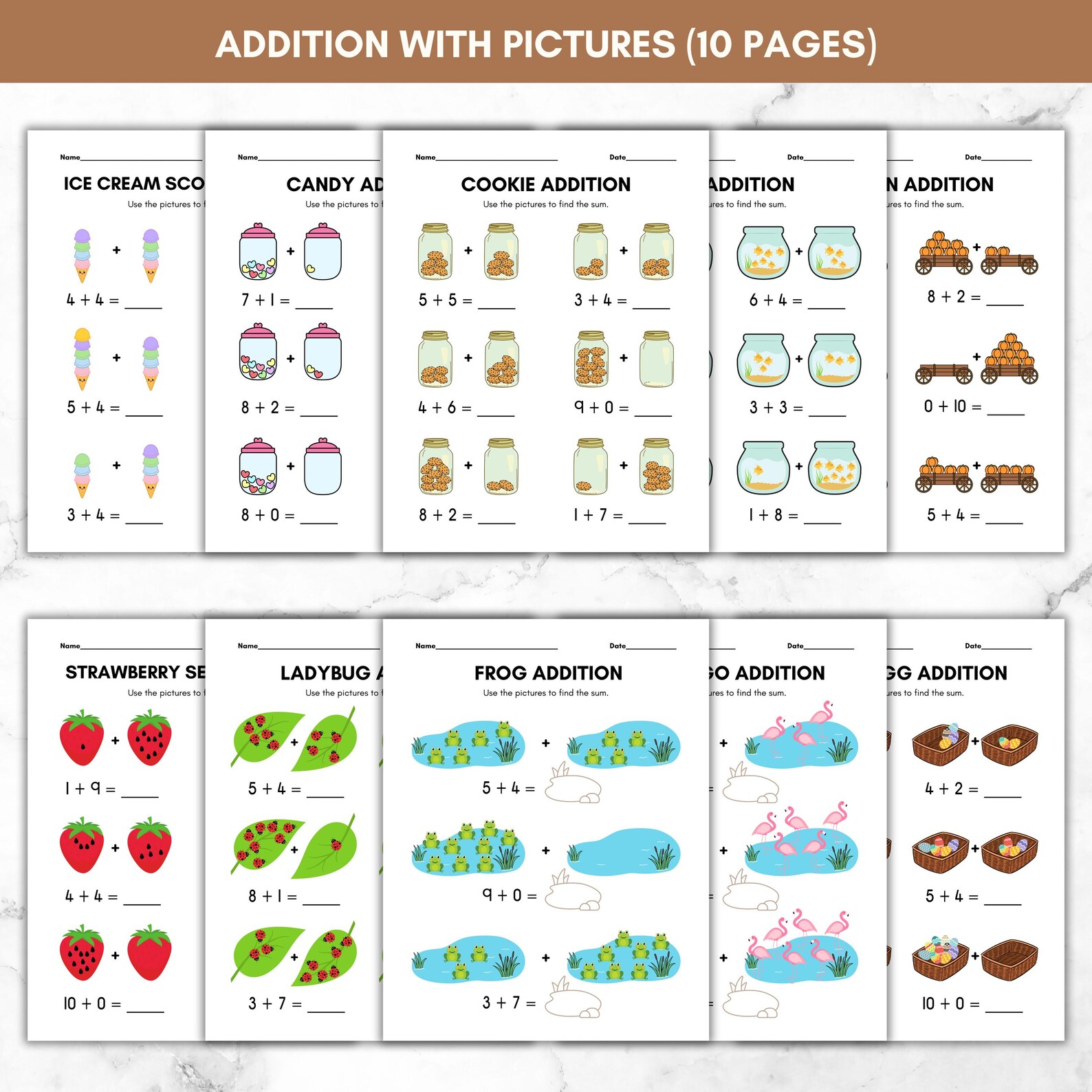 Kindergarten Math Addition Within 10 Worksheet Preschool Ten Frames ...
