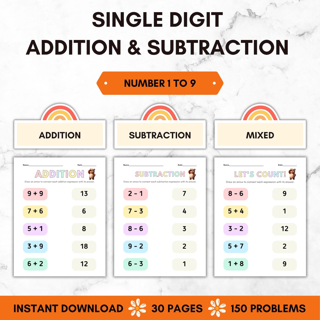 Single Digit Addition and Subtraction Worksheets Printable Math ...