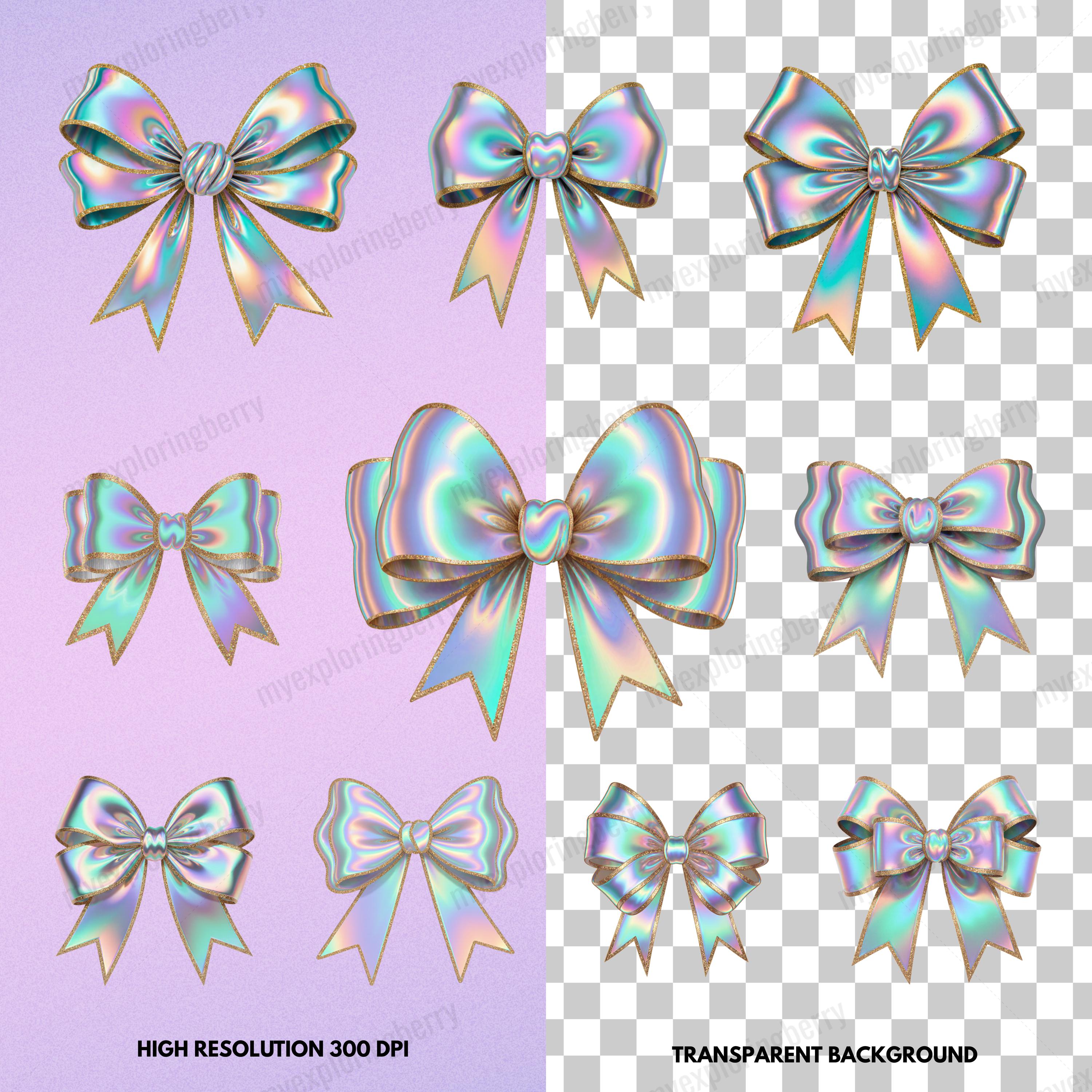 Holographic Bow PNG Hologram Ribbon Clipart Bundle Feminine Glitter T ...