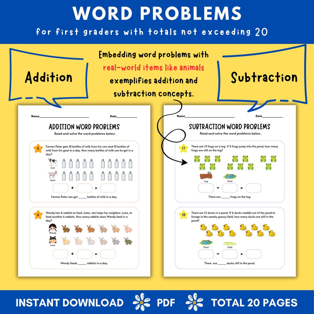 Math Word Problem Worksheet Addition Within 20 Subtraction With Picture ...